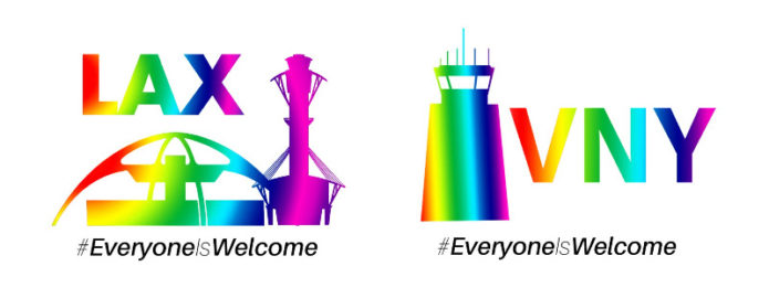 LAX pylons showing colors of the pride rainbow flag - Stuck at the Airport